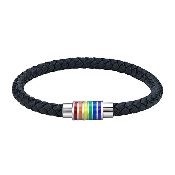 LYNX Men's Stainless Steel Black Leather & Rainbow Enamel Bracelet