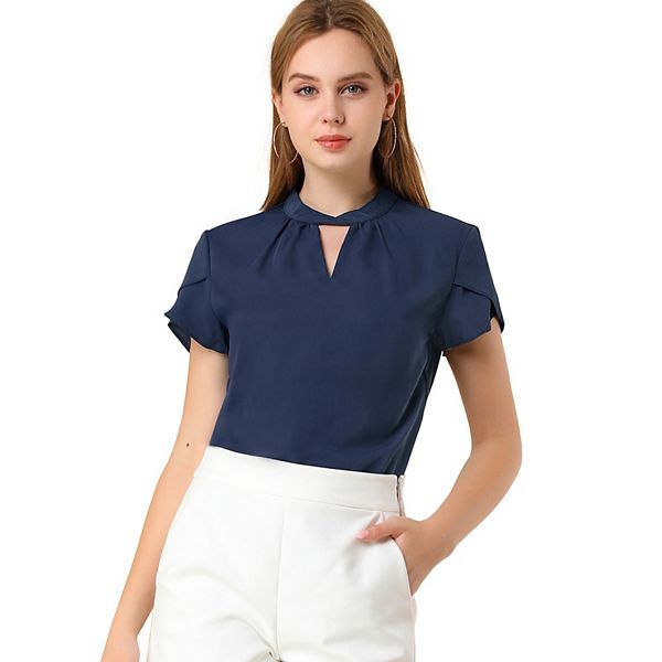 Womens Elegant Tulip Short Sleeve Choker Neck Keyhole Back Work Blouse