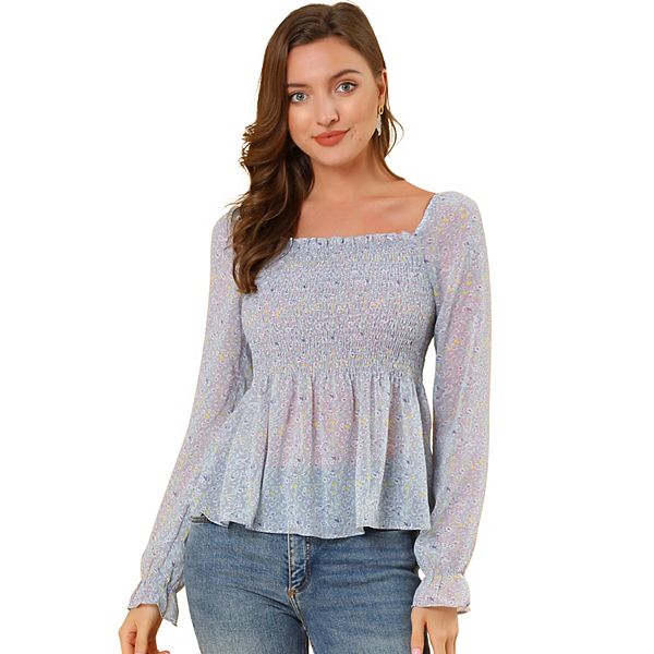 Women's Off Shoulder Long Bell Sleeve Floral Print Smocked Blouse Top