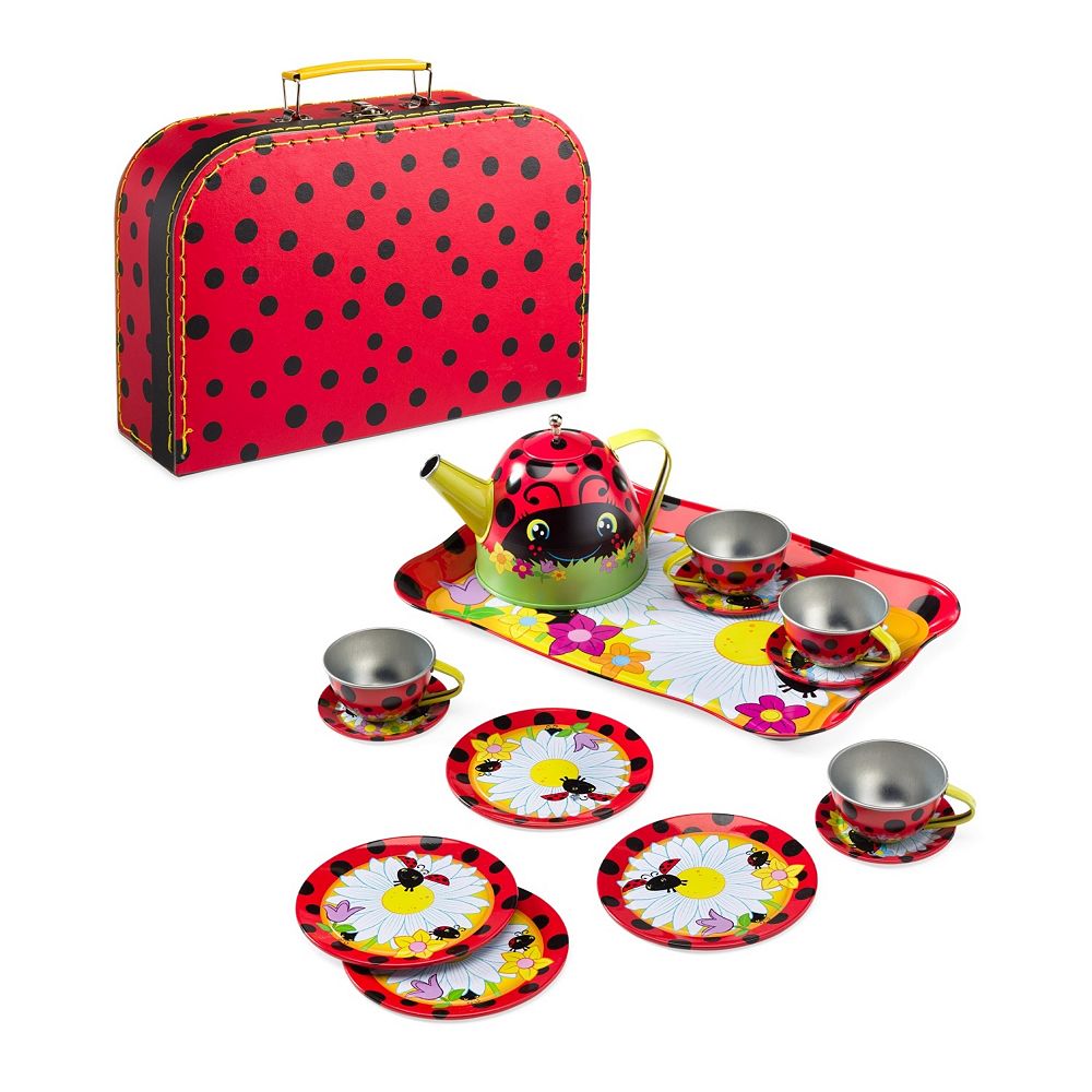 HearthSong 15-Piece Ladybug-Themed Tin Tea Set for Kids with Carrying ...