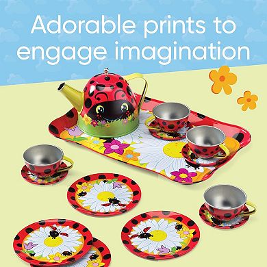 HearthSong 15-Piece Ladybug-Themed Tin Tea Set for Kids with Carrying ...