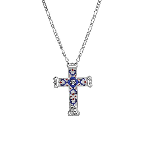 Symbols of Faith Enamel Blue & Red Cross Pendant Necklace