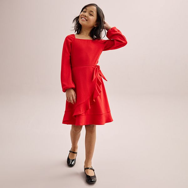 Girls 7-16 Three Pink Hearts Long Sleeve Wrap Dress
