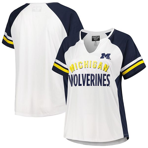 Women's White Michigan Wolverines Plus Size Stripe Raglan Notch Neck T ...