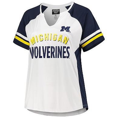 Women's White Michigan Wolverines Plus Size Stripe Raglan Notch Neck T ...