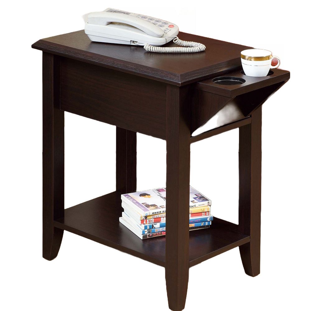FC Design Red Cocoa Chairside Table with 2 Cupholders and Extended Drawer End Table