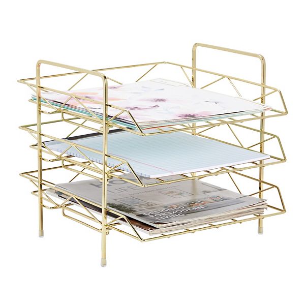 3 Tier Metal File Organizer for Home, Office Desk, Gold, 13 x 11 x 2 In