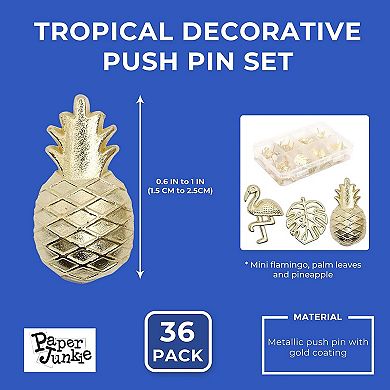 Gold Push Pins, Tropical Office Supplies (3 Designs, 36 Pack)