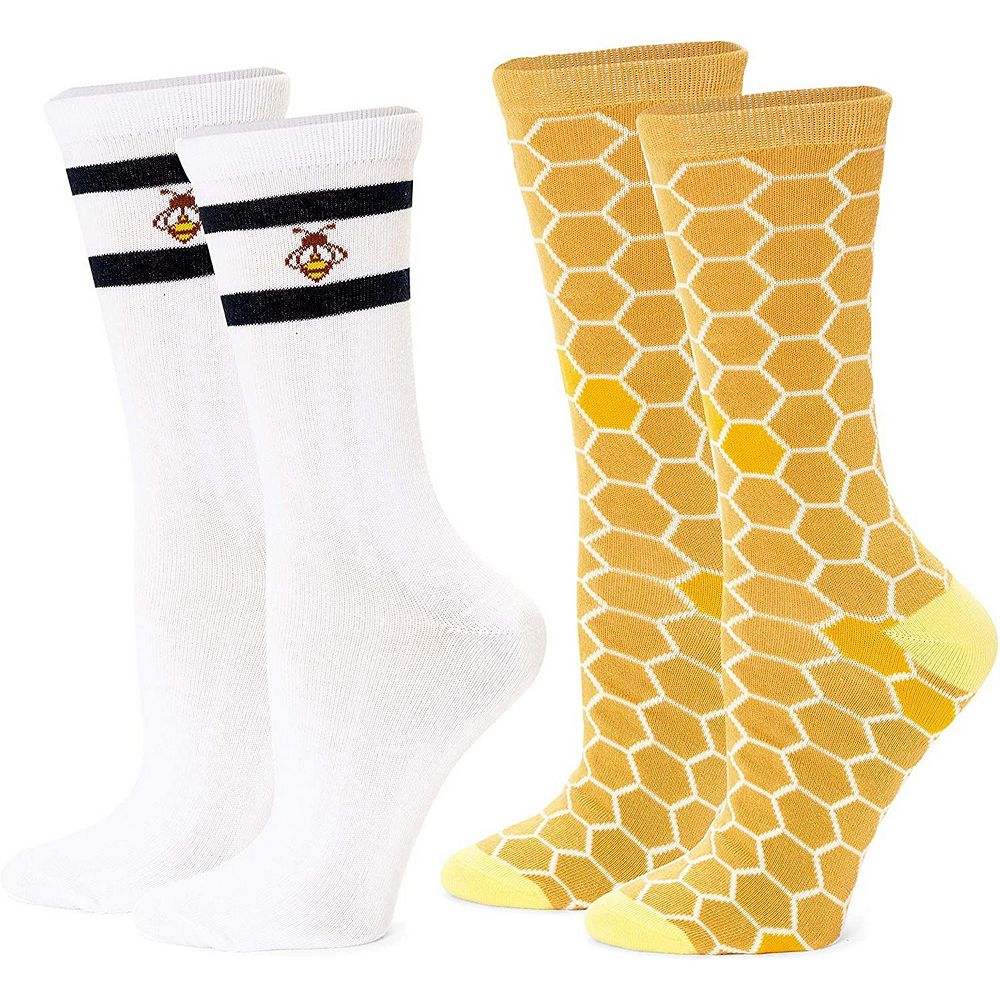 2 Pairs Crew Socks for Women, Bee Funny Happy Novelty Sock (One Size)