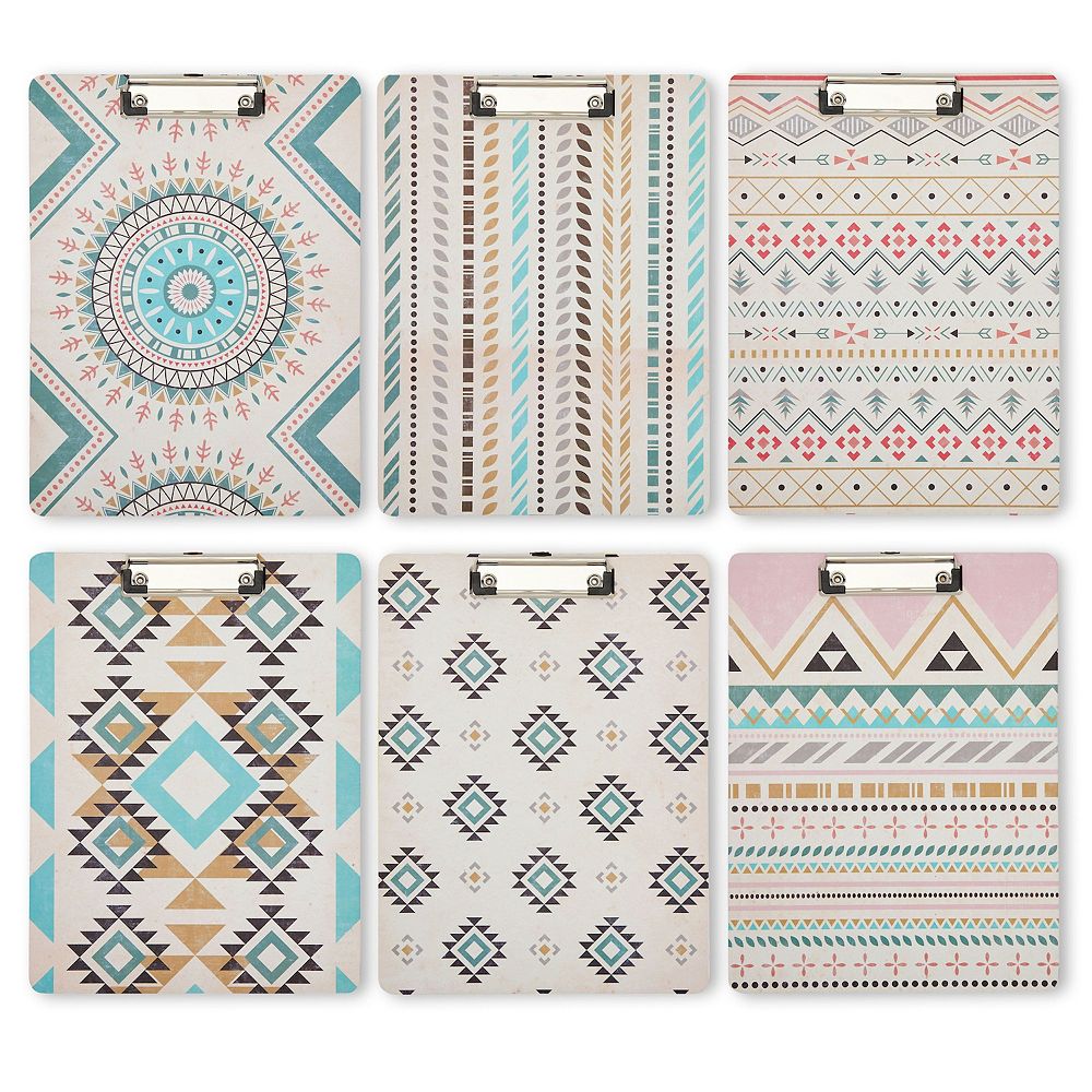 6 Pack Clipboards with Low Profile Clip and Hook, 6 Boho Style Designs ...