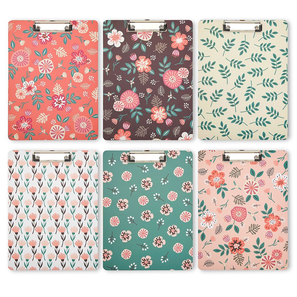 6 Pack Clipboards with Low Profile Clip and Hook, 6 Floral Designs, 9x12 In