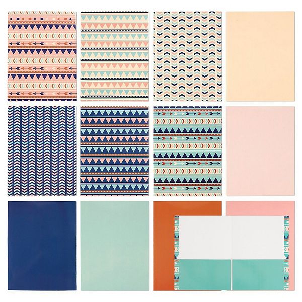 12 Pack Geometric 2 Pocket Folders, 6 Designs, 6 Colors (9.25x12 In)