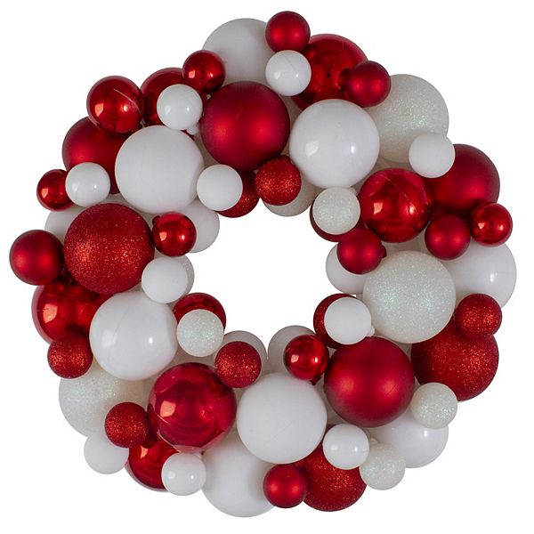 Northlight Red & White 3-Finish Shatterproof Ball Christmas Wreath