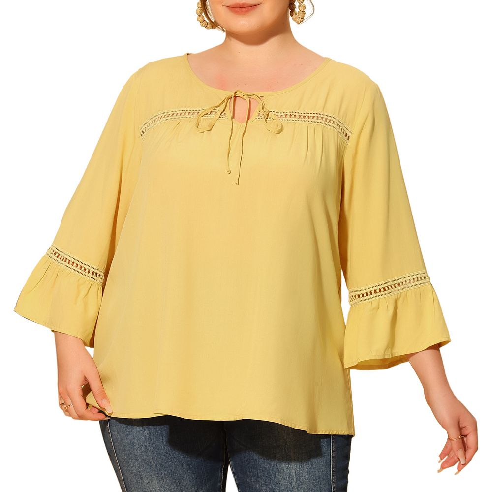 Plus Size Tops for Women Tie Neck Lace Insert 3/4 Flare Sleeve Blouses