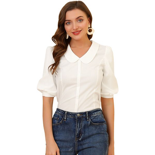 Women's Sweet Short Bubble Sleeve Blouse Peter Pan Collar Peplum Tops