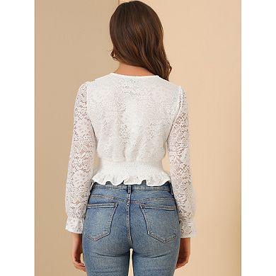 Women's Peter Pan Collar Ruffled Trim Lace Smocked Waist Tops