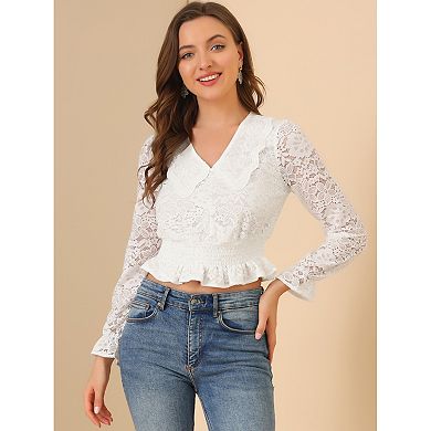 Women's Peter Pan Collar Ruffled Trim Lace Smocked Waist Tops