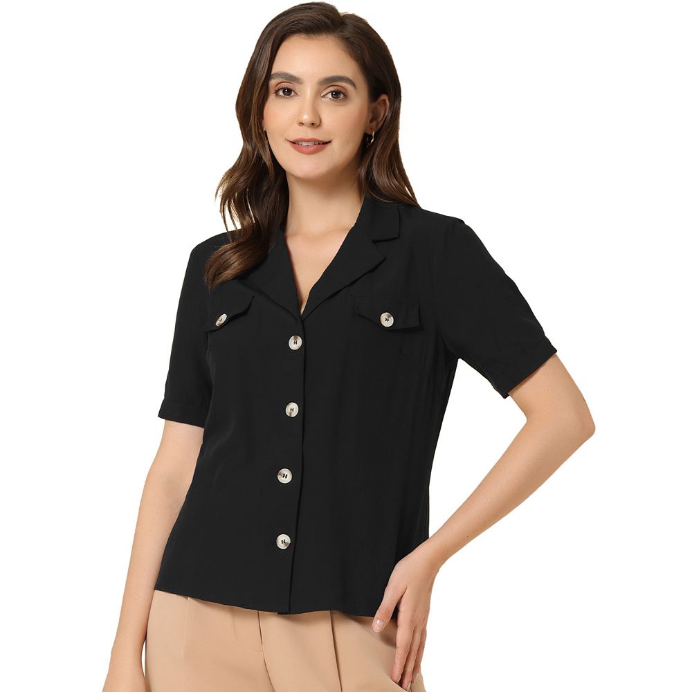 Women's Lapel Collar Top Button Down Short Sleeves Work Shirt