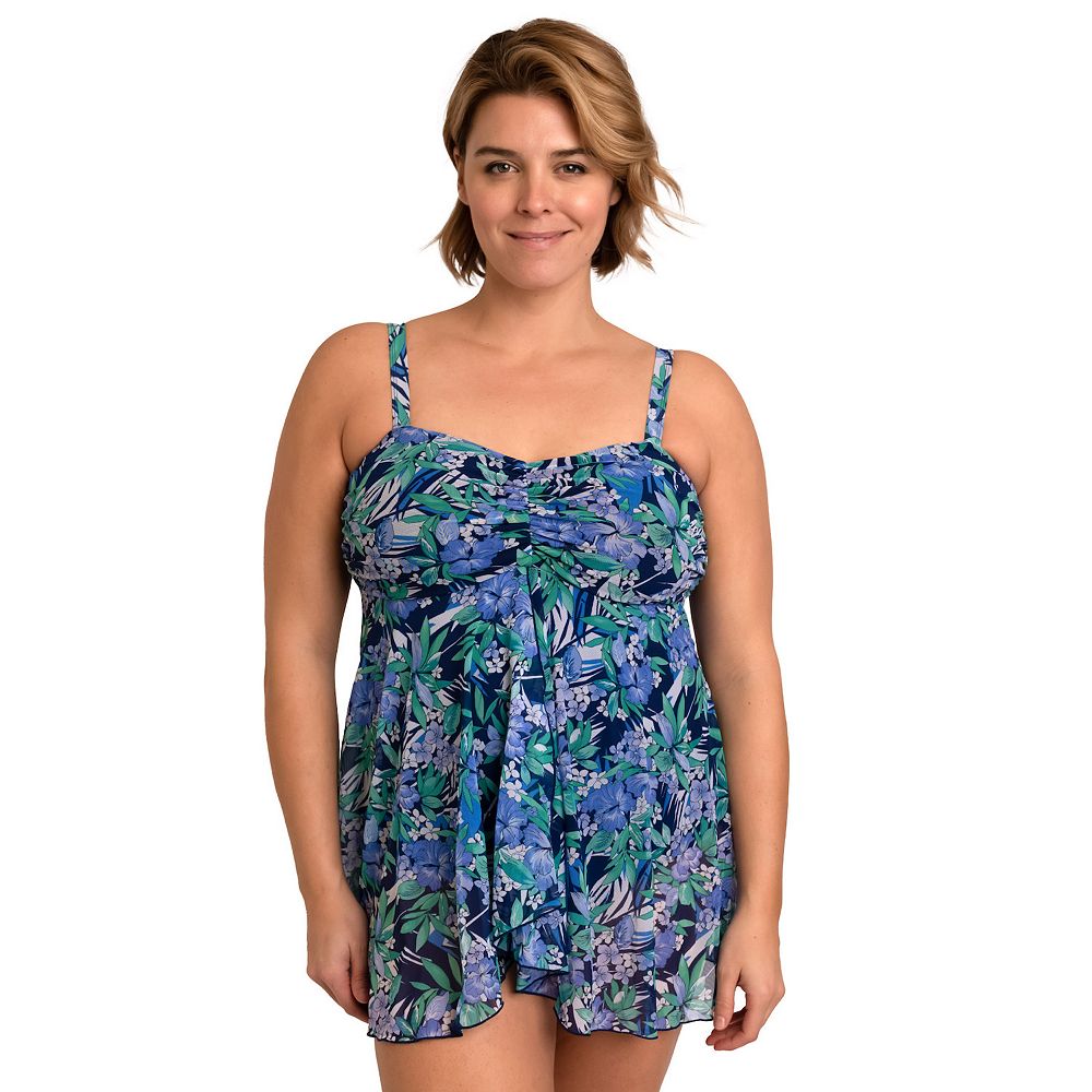 Plus Size A Shore Fit Kofi Mesh Thigh Solutions Bandeau Flyaway Swimdress