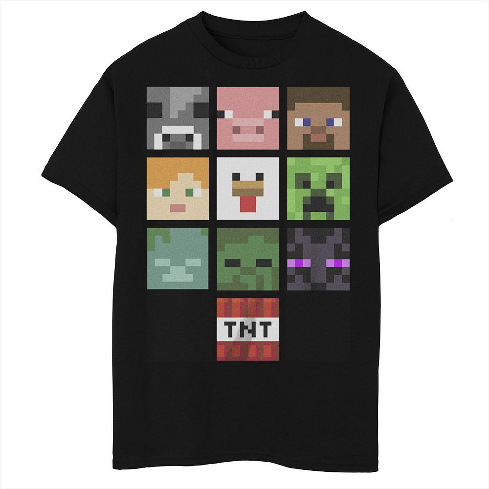 Boys 6-20 Minecraft Pixel Characters Faces TNT Graphic Tee
