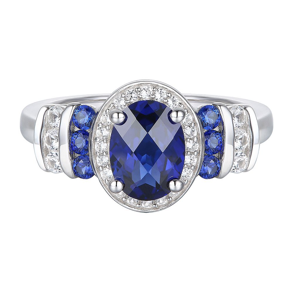 Sterling Silver Lab-Created Blue & White Sapphire Oval Halo Ring