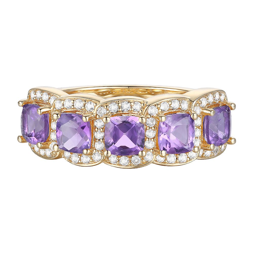 14k Gold Over Silver Amethyst & Lab-Created White Sapphire 5-Stone Ring
