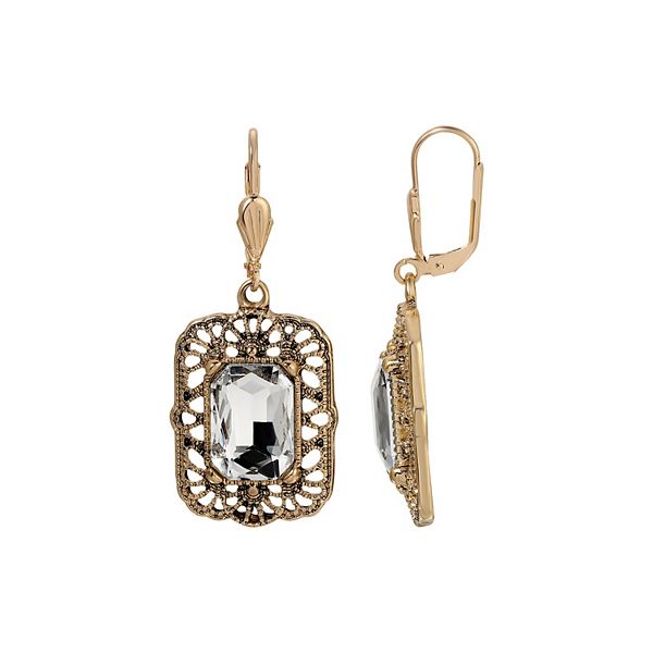1928 Gold Tone Crystal Square Leverback Earrings