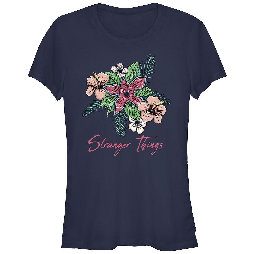 Juniors' Stranger Things Pink Flowers Fitted Graphic Tee