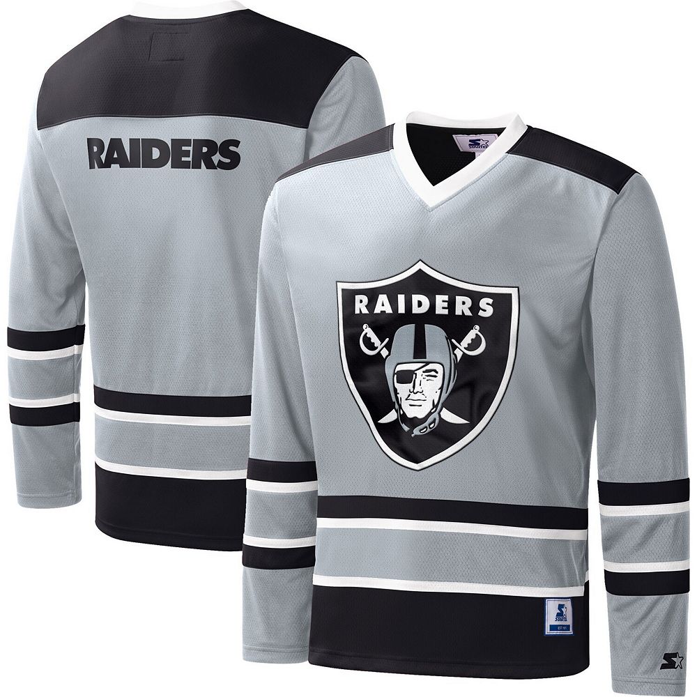 Men's Starter Silver Las Vegas Raiders Cross-Check V-Neck Long Sleeve T ...