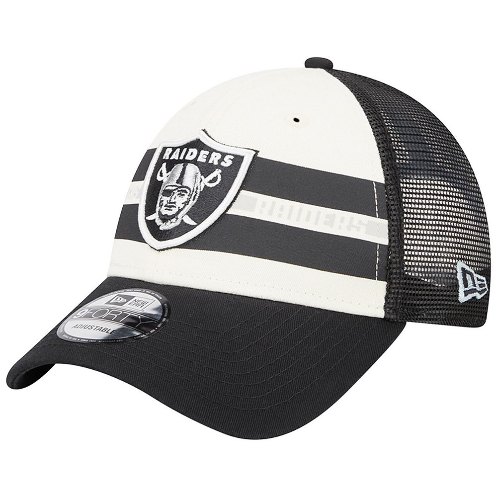 Men's New Era Cream/Black Las Vegas Raiders Team Stripe Trucker 9FORTY ...
