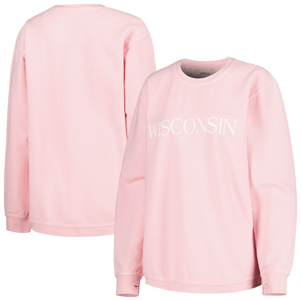 Women's Pressbox Pink Wisconsin Badgers Comfy Cord Bar Print Pullover ...
