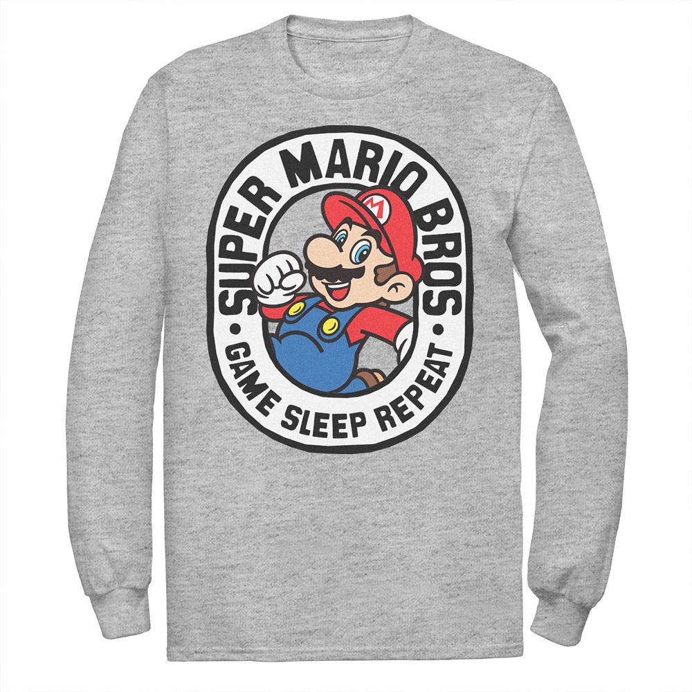 Men's Super Mario Bros Game Sleep Repeat Retro Logo Long Sleeve Tee