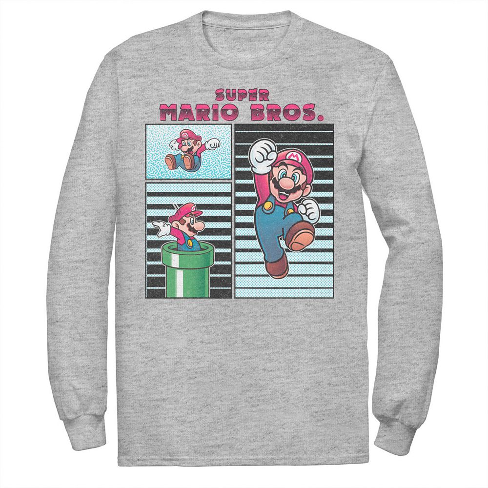 Men's Super Mario Panels Mario Jumping Warp Pipe Stripes Long Sleeve Tee