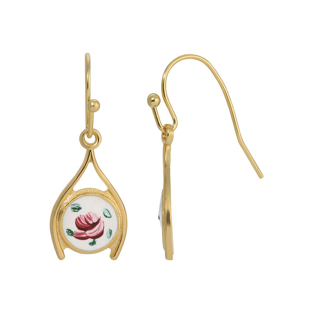 1928 Gold Tone Flower Decal Wishbone Drop Earrings