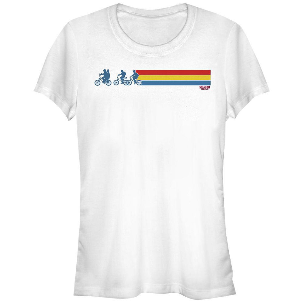 Juniors' Stranger Things Retro Stripe Silhouettes Fitted Graphic Tee