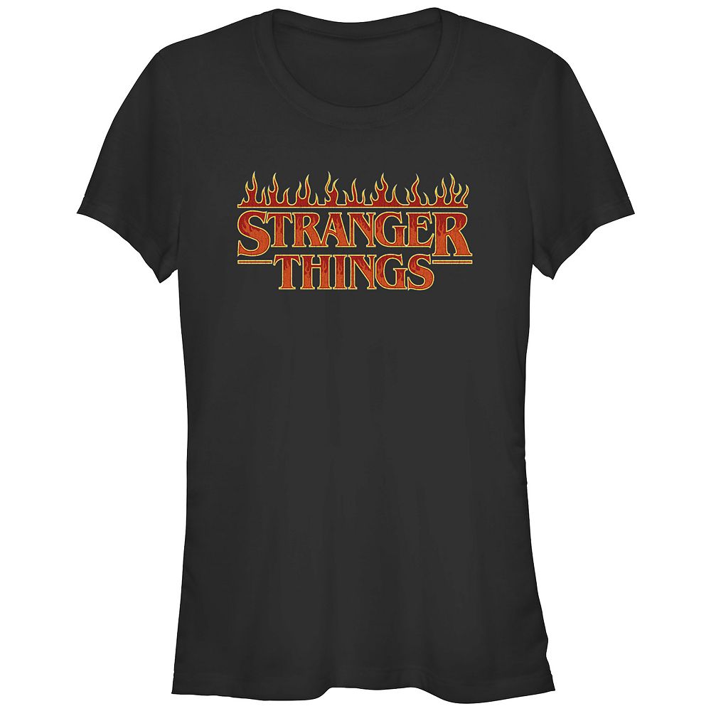 Juniors' Stranger Things Fire Logo Fitted Graphic Tee