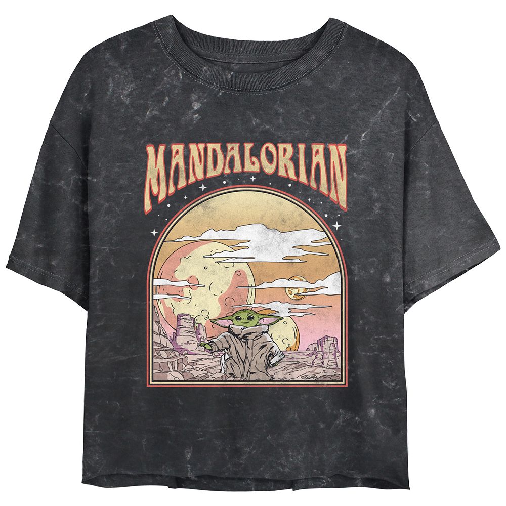 Juniors' Star Wars The Mandalorian Grogu Landscape Retro Crop Top Tee