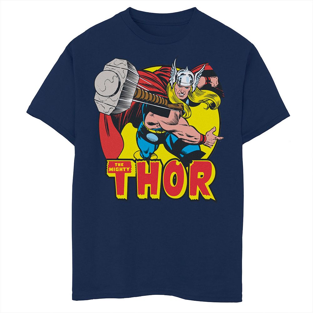 Boys Husky Marvel The Mighty Thor Throwing Hammer Retro Graphic Tee