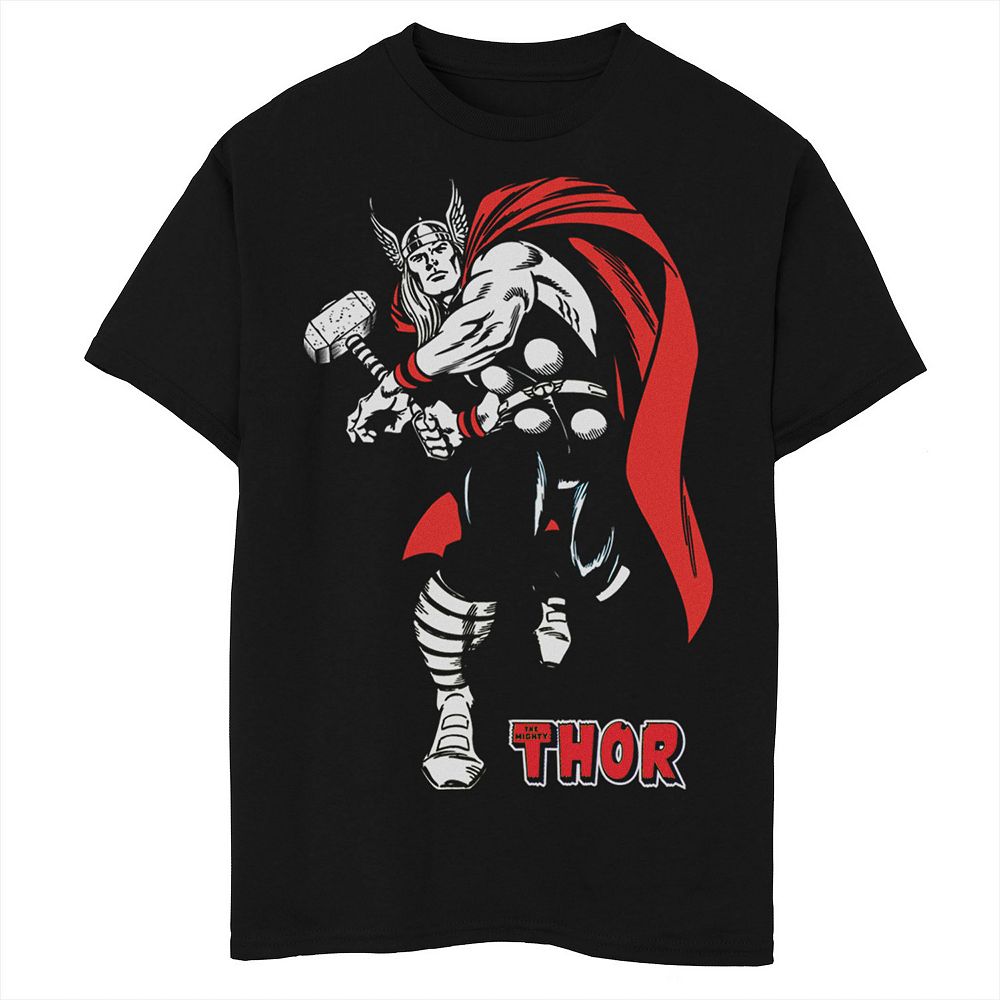 Boys Husky Marvel Thor Retro Red Cape Fighting Pose Graphic Tee