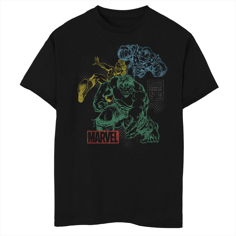 Boys Husky Marvel Hulk Spidey Iron Man Overlay Retro Comics Graphic Tee