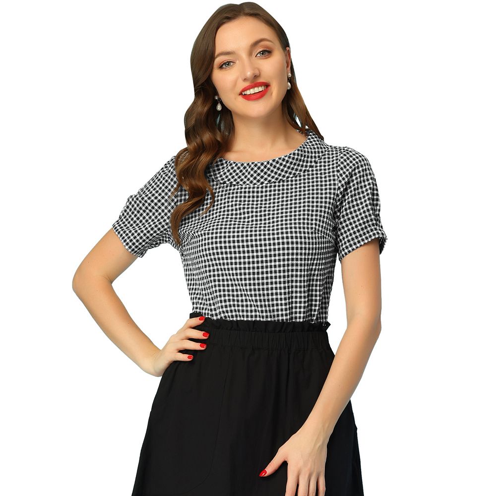 Women's 1950s Round Collar Short Sleeve Checked Tops