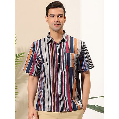 Men's Casual Summer Beach Short Sleeves Button Down Striped Shirt