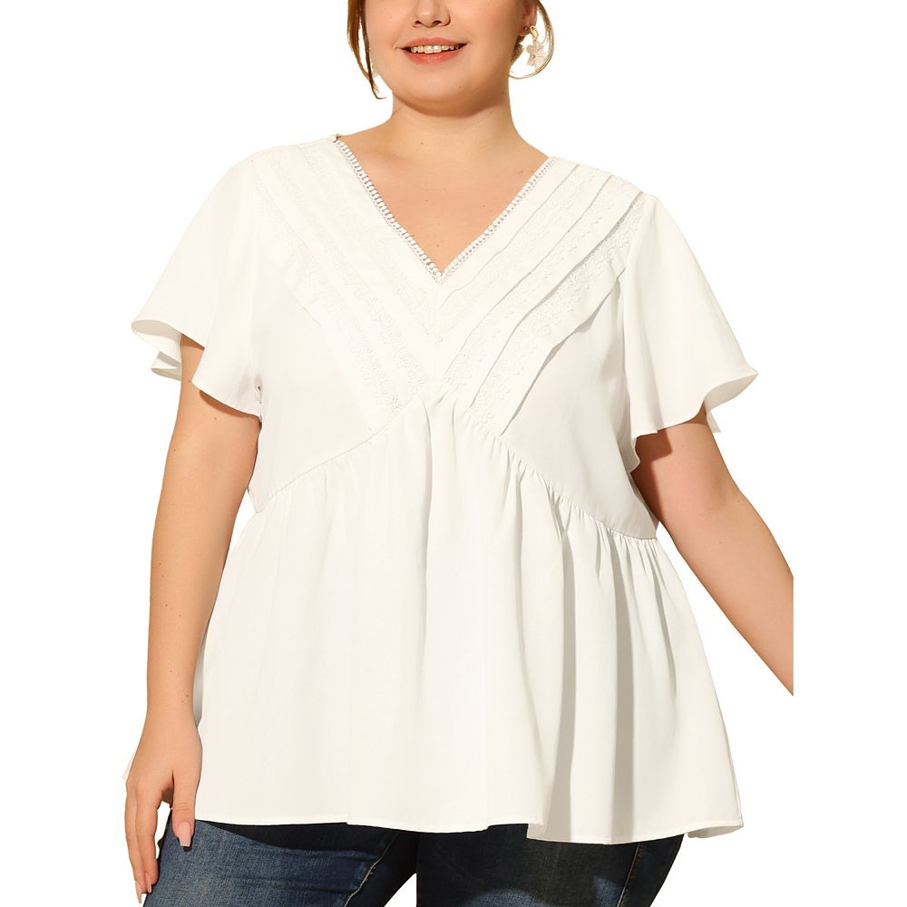 Plus Size Women V Neck Flare Sleeve Ruffle Peplum Wrap Blouse Top