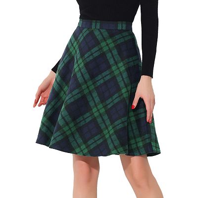 Women s Plaids Elastic Waist Knee Length Worsted A Line Skirt