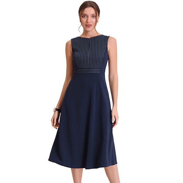 Women's Striped Crew Neck Sleeveless A-Line Midi Work Office Dress