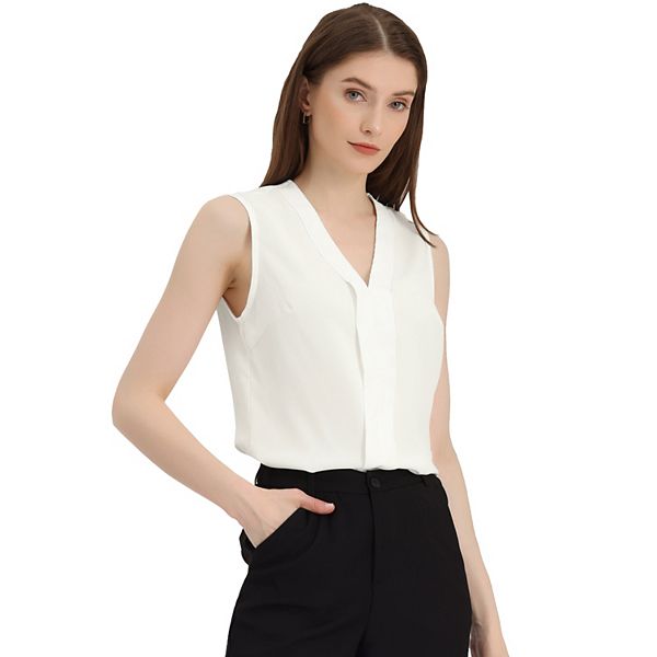 Women's Sleeveless Pleated Front V Neck Work Office Blouses