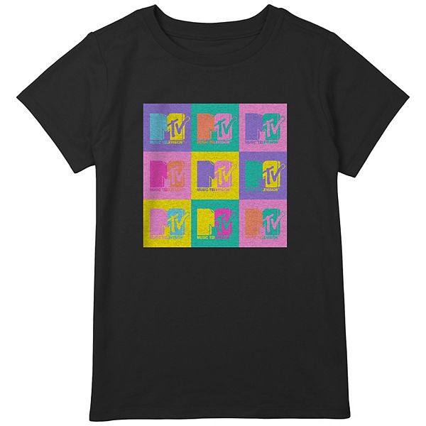 Girls MTV Music Television Color Pop Logo Grid Graphic Tee