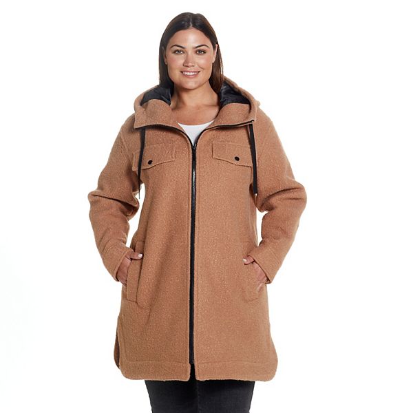 Plus Size Weathercast Zip Front Hooded Bouclé Shacket