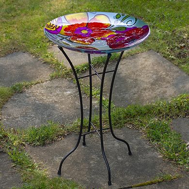 18” Multi-Colored Hand Painted Glass Floral Pattern Outdoor Patio Bird Bath