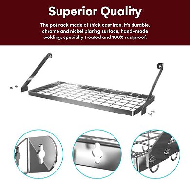 Wall Mounted Kitchen Pot Rack with Moveable Hooks and Grid